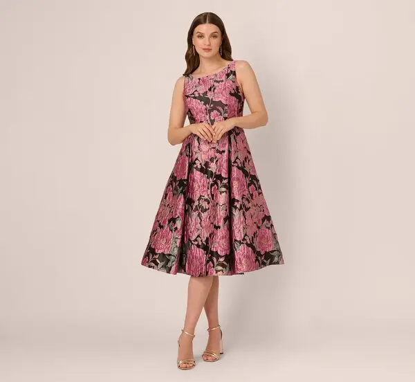 Adrianna Papell Sleeveless Metallic Floral Jacquard Midi Dress In Black Pink Multi - Black/pink Multi