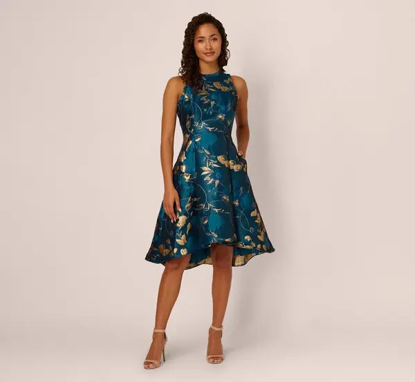 Adrianna Papell Sleeveless Metallic Vine Jacquard Midi Dress In Teal Sapphire Gold - Teal Sapphire/gold