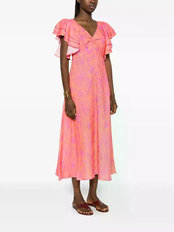 Nimo With Love Belladonna Ruffled-sleeve Midi Dress - Orange