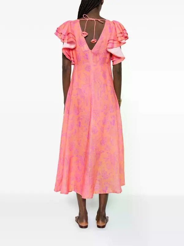 Nimo With Love Belladonna Ruffled-sleeve Midi Dress - Orange