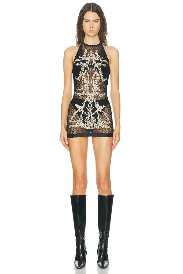 HAELO Feather Lace Mini Dress - Black/nude
