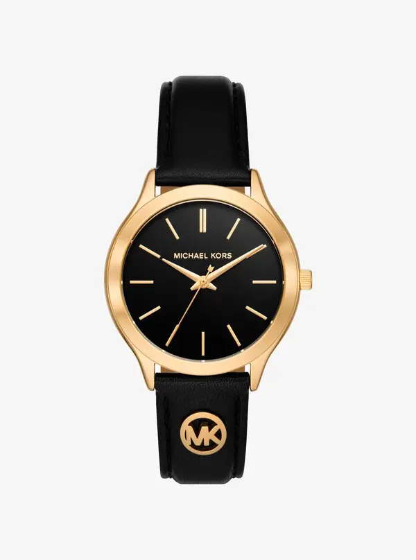 Michael Kors Slim Runway Gold-tone Leather Watch - Black