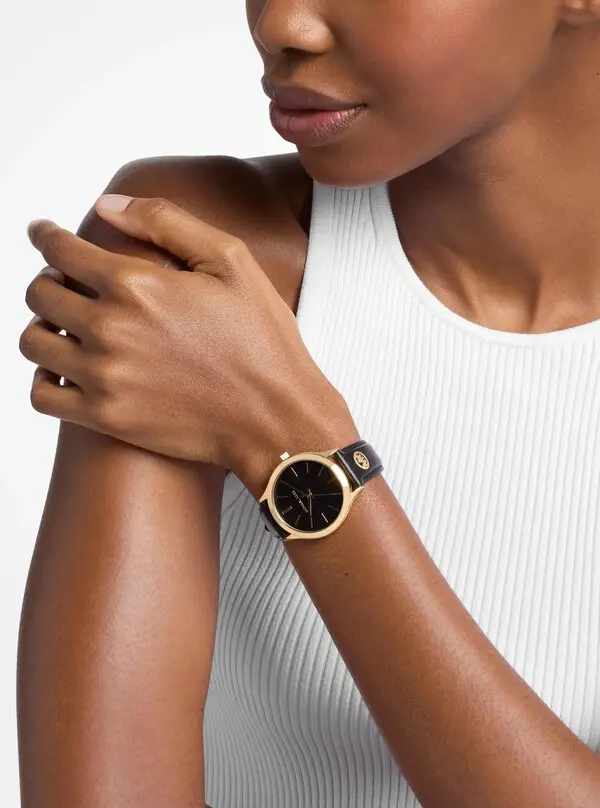 Michael Kors Slim Runway Gold-tone Leather Watch - Black