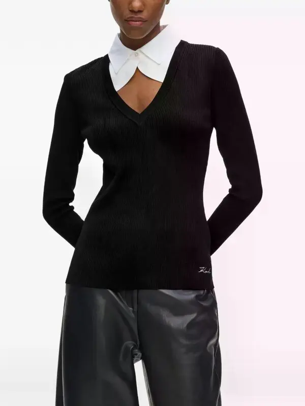 Karl Lagerfeld Contrast-collar Ribbed-knit Polo Top