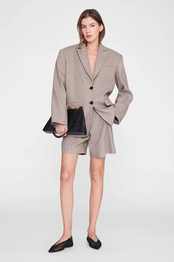 ANINE BING Brice Short - Taupe And Blue Pinstripe