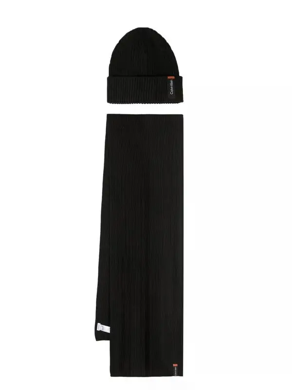 Calvin Klein Ribbed-knit Scarf And Beanie Set - Black