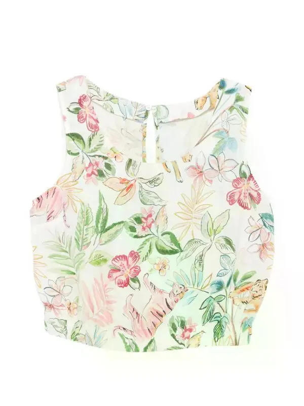 120% Lino Floral-print Linen Top - White