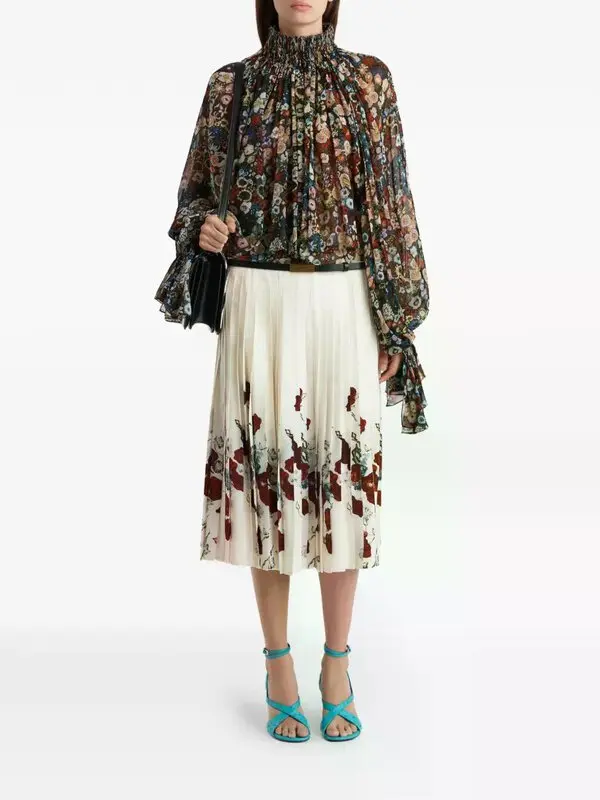 Khaite Anya Floral Pleated Twill Skirt - Neutrals