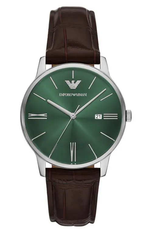 Emporio Armani Minimalist Leather Strap Watch - Green/brown