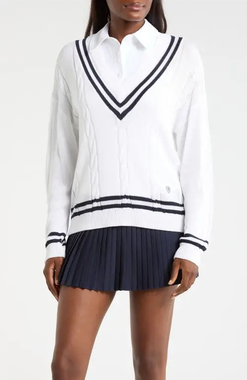 MPG Club Stripe V-neck Sweater - Brilliant White/navy Blazer