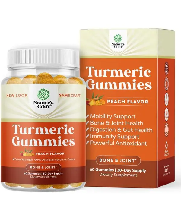 NATURE'S CRAFT Turmeric Curcumin Gummies | Immune Booster Turmeric Gummies | For Joint Support And Advanced Skin Care | Peach Flavor | 60ct - No Color
