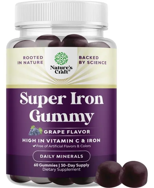 NATURE'S CRAFT Super Iron Gummy | Chewable Iron Supplement For And With Vitamin C | Grape Flavor| 60ct - No Color