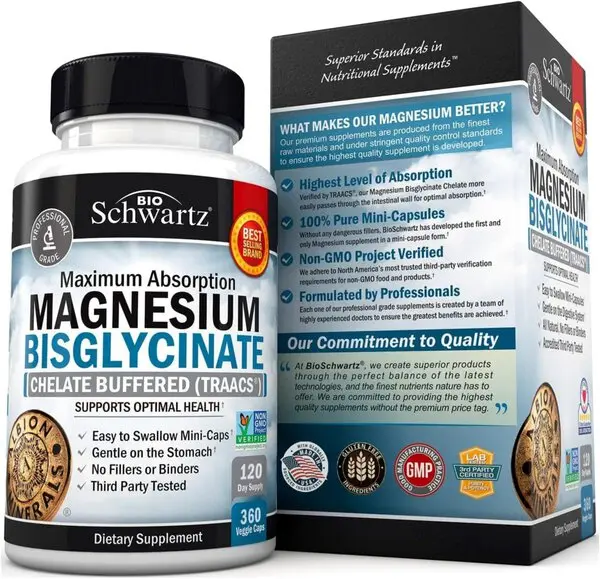 BIOSCHWARTZ Magnesium Bisglycinate | Healthy Energy Muscle Bone & Joint Support | Non-gmo Project Verified|360ct - No Color
