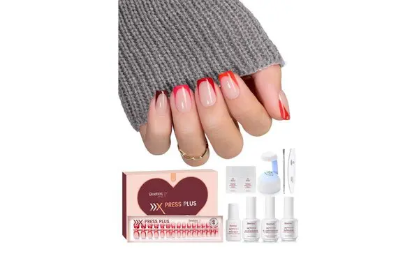 BEETLES X Press Short Square French Tip Press On Nails Kit - Christmas Classic Red