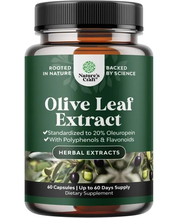 NATURE'S CRAFT Olive Leaf Extract Capsules | High Strength Antioxidant Supplement | Pure Olive Leaf With 20% Oleuropein For Heart Health | 60ct - No Color