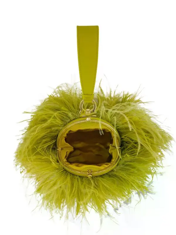 FERRAGAMO Mini Double Gancini Ostrich-feather Clutch - Green
