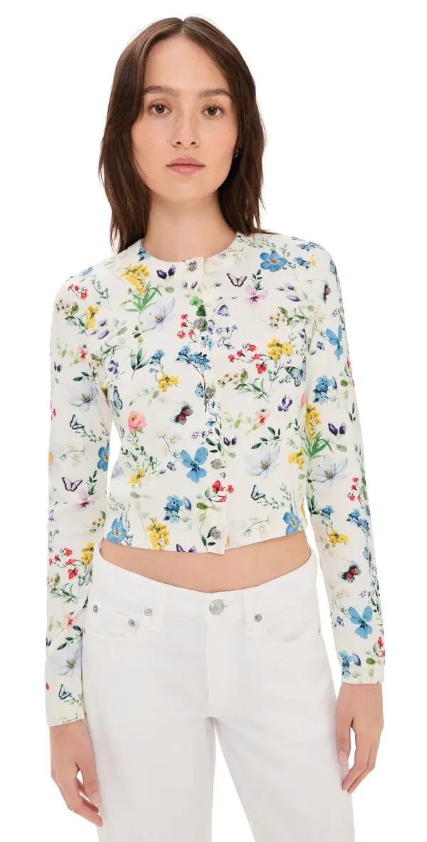 Alice + Olivia Carson Printed Cardigan - Twisting Vines Off White