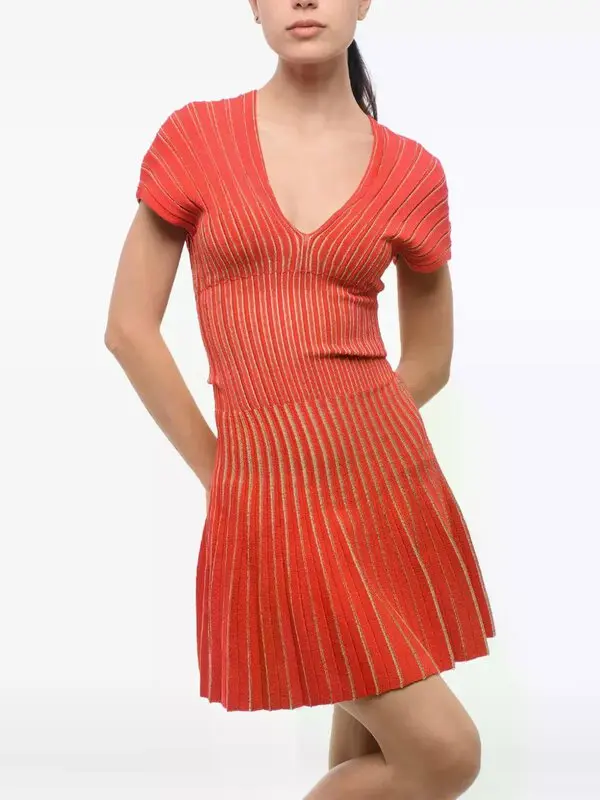 Balmain Pleated V-neck Dress - Red