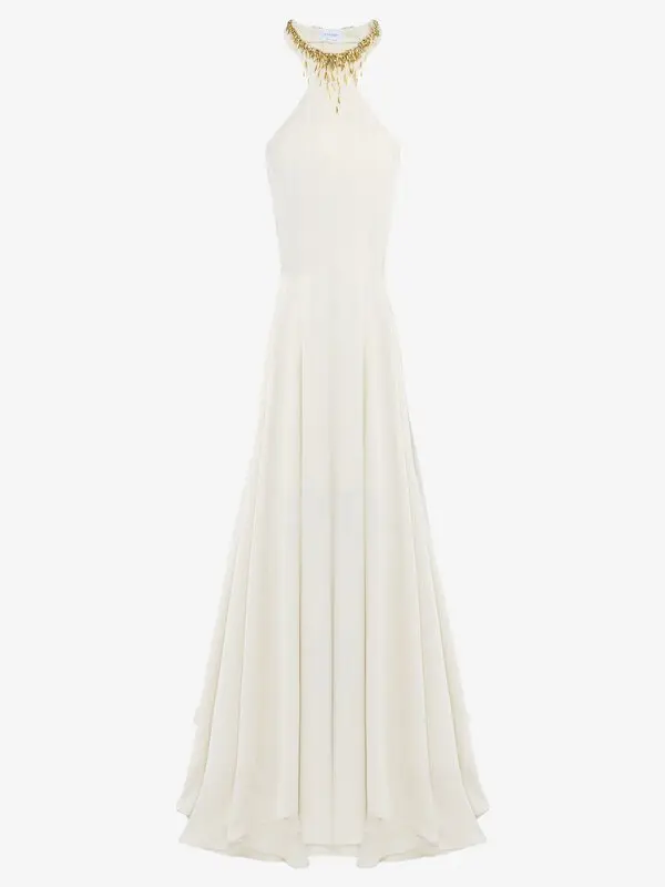 Alexander McQueen Evening Dress With Gold Leaf And Crystal Embroidery - Cream