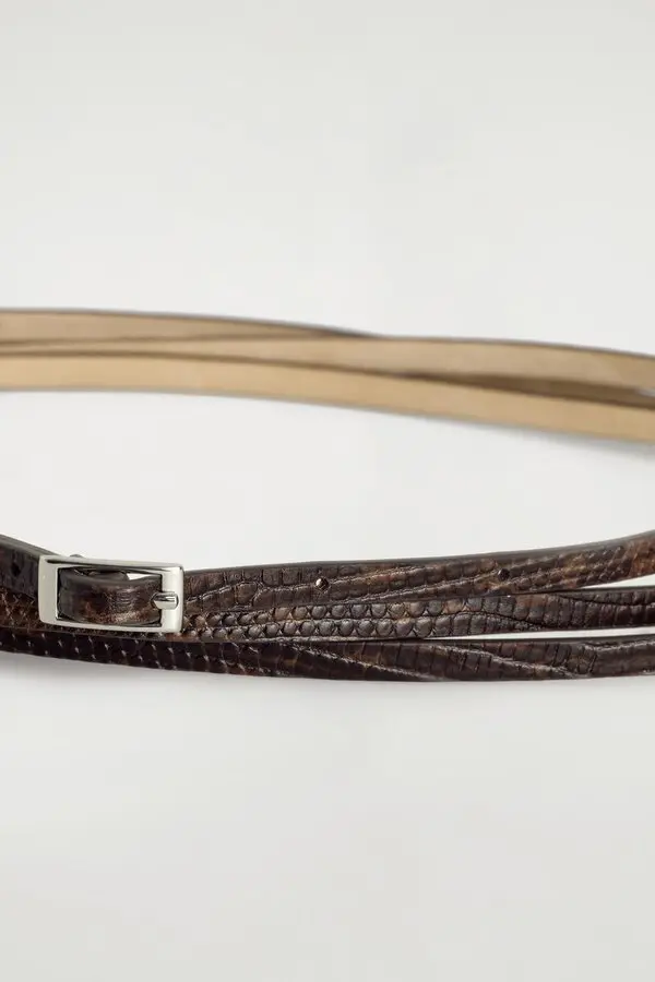 Cos Skinny Double-wrap Leather Belt With Lizard-effect Motif - Brown