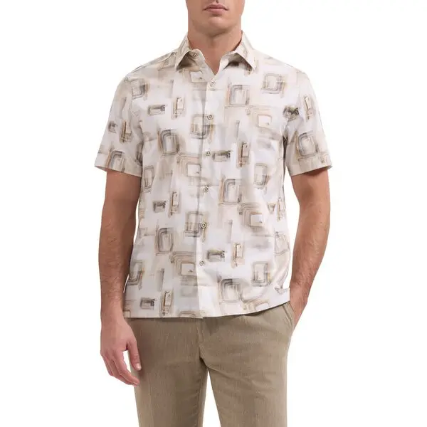 Bugatchi Vero Shaped Fit Abstract Print Short Sleeve Stretch Cotton Button-up Shirt - Desert