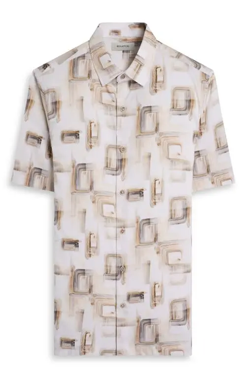 Bugatchi Vero Shaped Fit Abstract Print Short Sleeve Stretch Cotton Button-up Shirt - Desert