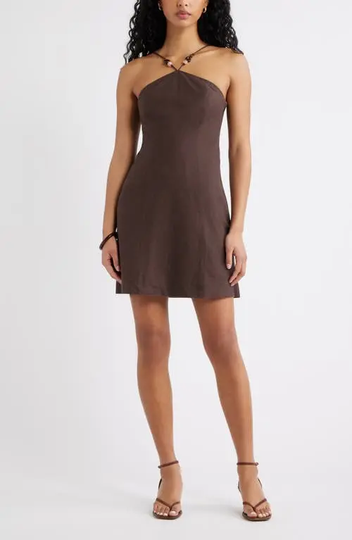 OPEN EDIT Halter Neck Linen Blend Minidress - Brown Seal
