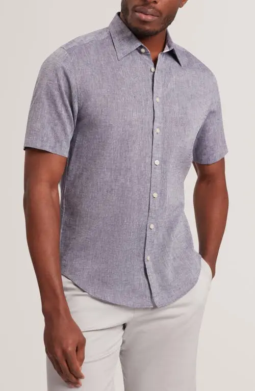 Ted Baker London Wryte Regular Fit Short Sleeve Slub Linen & Cotton Button-up Shirt - Navy