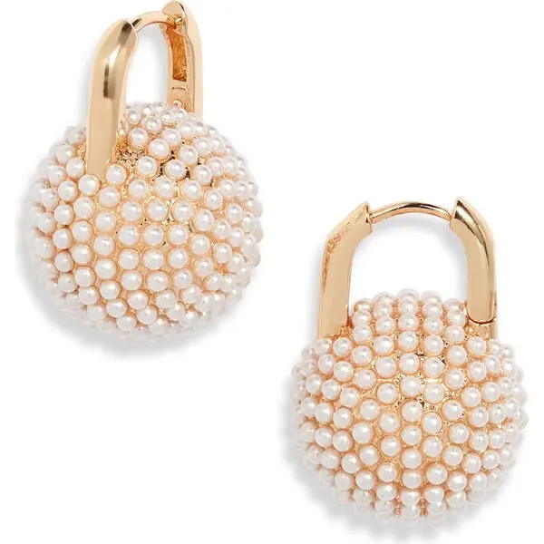 OPEN EDIT Faux Pearl Orb Huggie Hoop Earrings - White- Gold