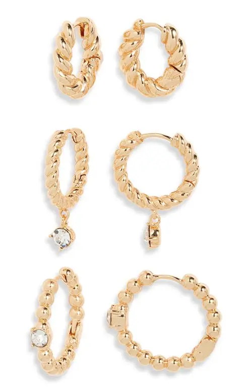 OPEN EDIT 3 Pairs Twisted Metal Huggie Hoop Earrings - Clear- Gold
