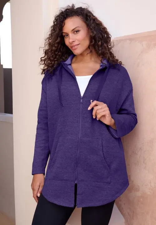 Roaman's Fleece Zip Hoodie Sweatshirt With Shirttail Hem - Midnight Violet