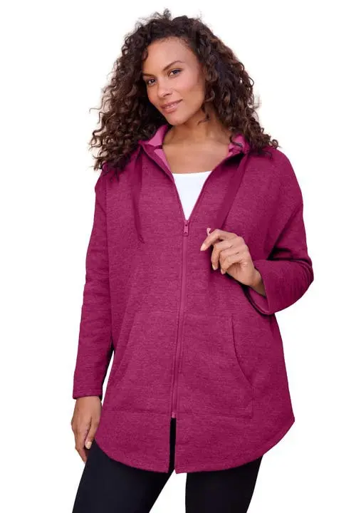 Roaman's Fleece Zip Hoodie Sweatshirt With Shirttail Hem - Raspberry