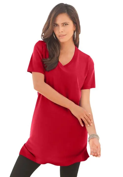 ROAMAN'S Cotton V-neck Short Sleeve Tunic - Classic Red