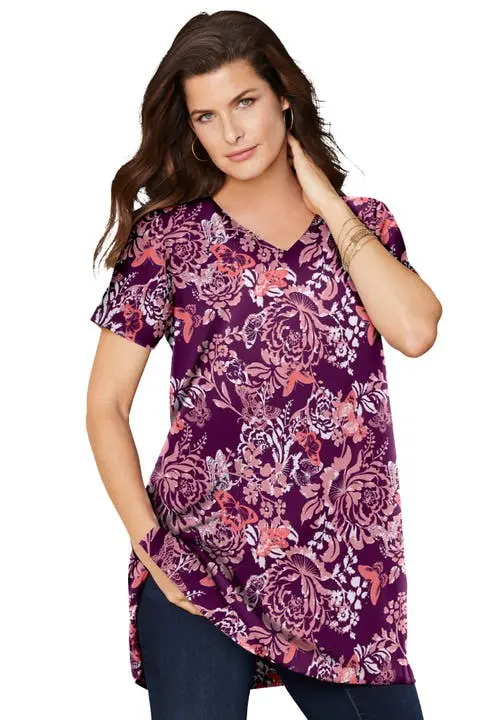 Roaman's Ultimate Cotton V-neck Short Sleeve Tunic - Dark Berry