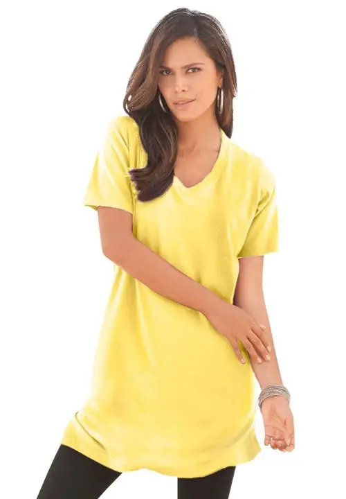 ROAMAN'S Cotton V-neck Short Sleeve Tunic - Lemon Mist