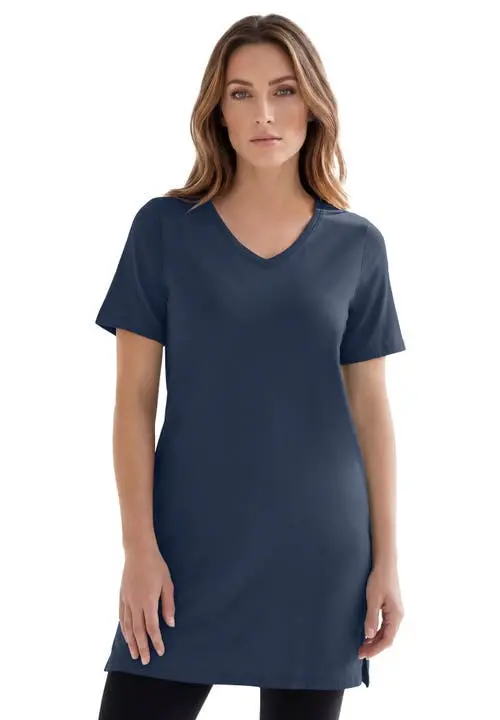 Roaman's Cotton V-neck Tunic - Navy