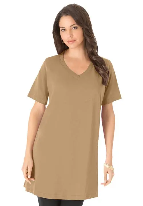 Roaman's Cotton V-neck Tunic - Soft Camel