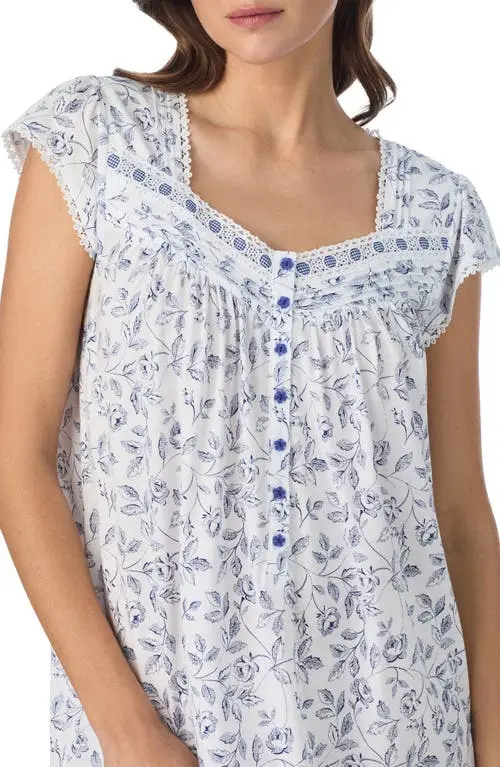 Eileen West Floral Print Cap Sleeve Waltz Nightgown - White/navy