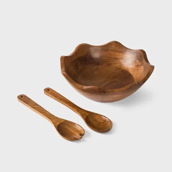MELA ARTISANS Acacia Wood Large Scalloped Bowl With Servers - Brown