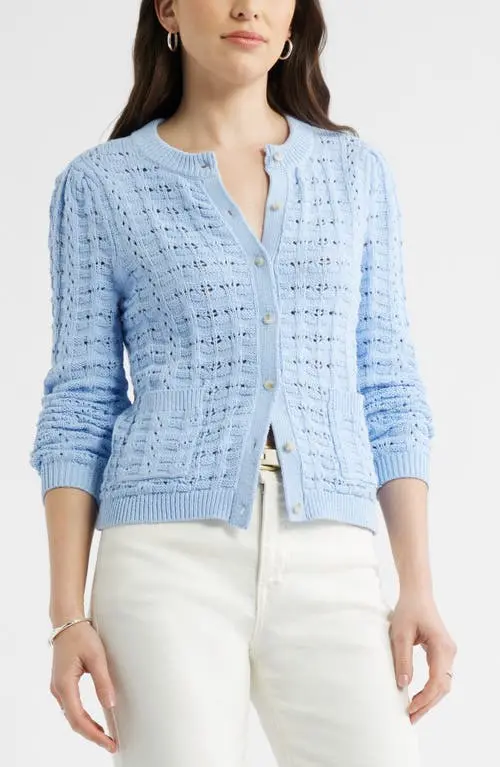 Caslon Pointelle Stitch Cotton Cardigan - Blue Windsurfer