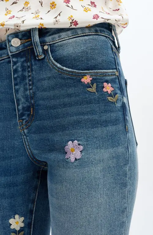 BAYEAS Floral Embroidered High-waist Bootcut Jeans - Medium Blue