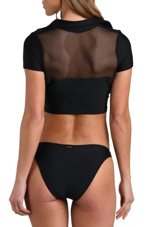 L'Agence Anastasi Mesh Inset Polo Bikini Top - Black