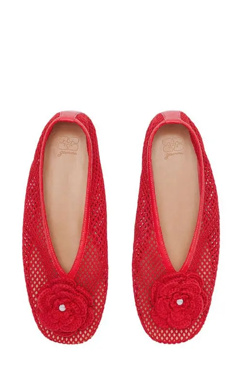 GANNI Jenny Flower Mesh Ballerina Flat - Goji Berry