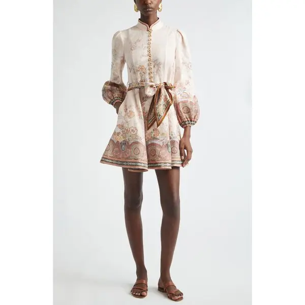 Zimmermann Alchemy Paisley Long Sleeve Belted Linen Minidress - Pink Paisley