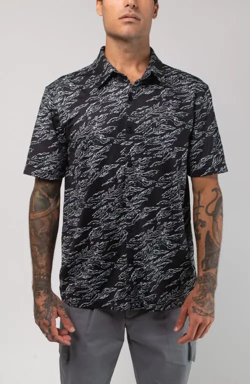 VAST Aqua Terra Midnight Camo Tech Short Sleeve Performance Button-up Shirt - Black