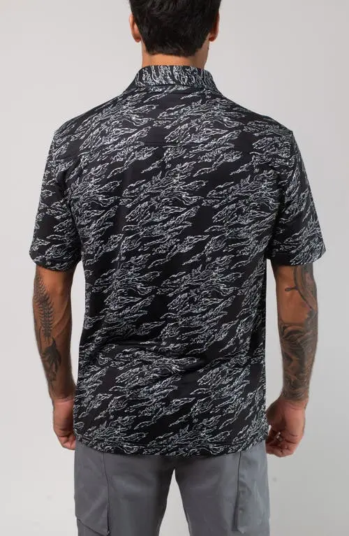 VAST Aqua Terra Midnight Camo Tech Short Sleeve Performance Button-up Shirt - Black