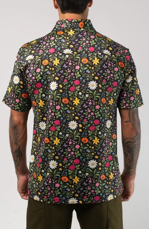VAST Aqua Terra Scritti Politti Floral Tech Short Sleeve Performance Button-up Shirt - Black Multi