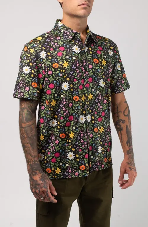 VAST Aqua Terra Scritti Politti Floral Tech Short Sleeve Performance Button-up Shirt - Black Multi
