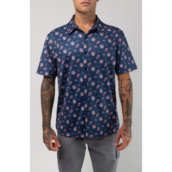 VAST Aqua Terra Multi Floral Tech Short Sleeve Performance Button-up Shirt - Navy Multi
