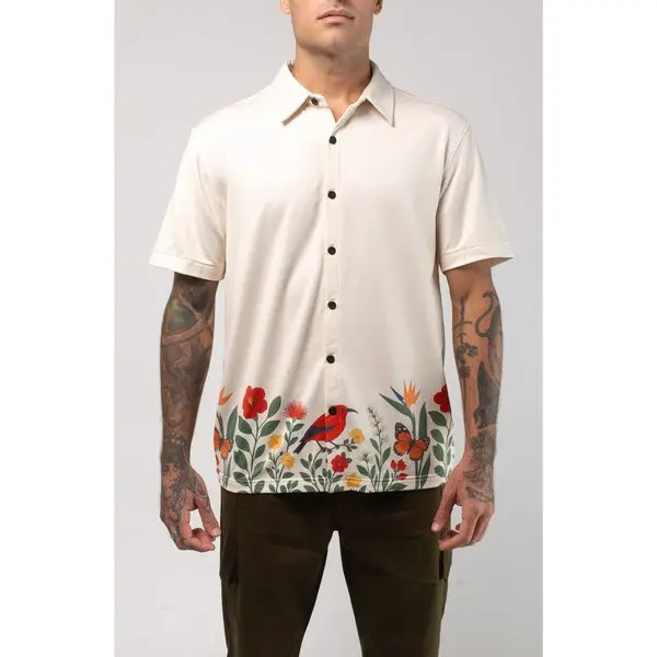 VAST Aqua Terra Floral Fauna Tech Short Sleeve Performance Button-up Shirt - Sand Multi